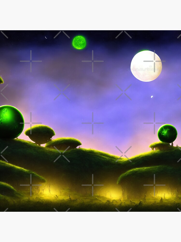 "Alien landscape with green orbs and a green frozen planet in the sky ...