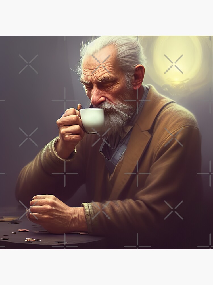 "Old man drinks his tea" Sticker for Sale by Dicoart | Redbubble
