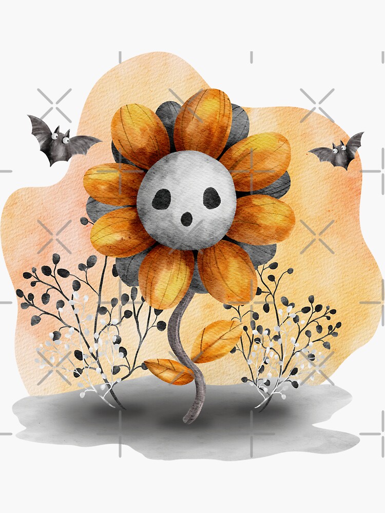 "Spooky Flower with cute Bats, Funny Watercolor Cartoon" Sticker for ...