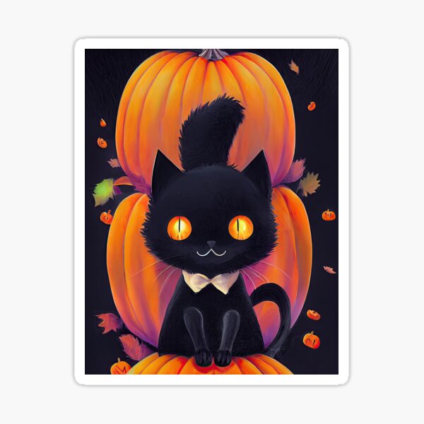 "Cute funny black Halloween cat with a spooky pumpkin head" Sticker for ...