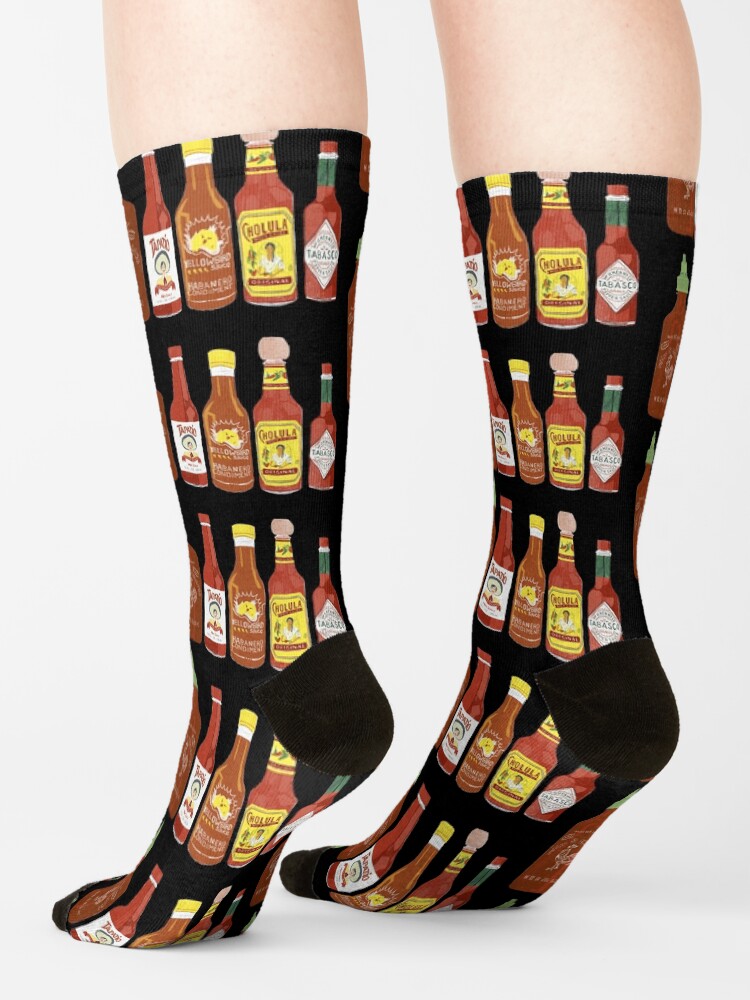 "Spicy! Check out these hot sauces on black background" Socks for Sale ...