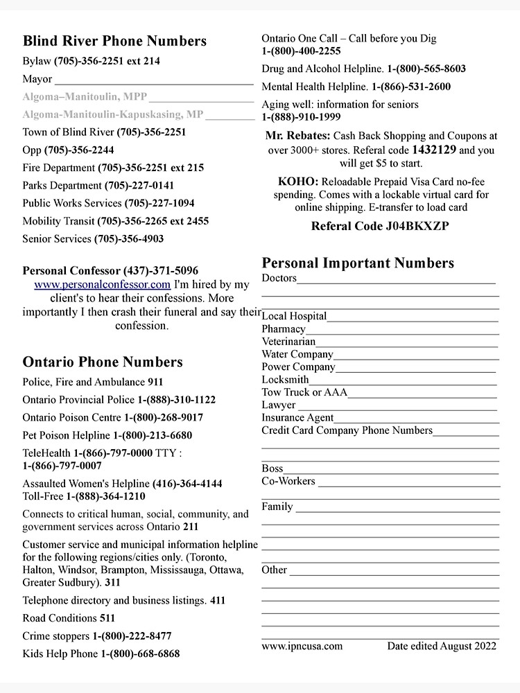 "Blind River, Ontario. Canada Important Phone Numbers " Sticker for ...