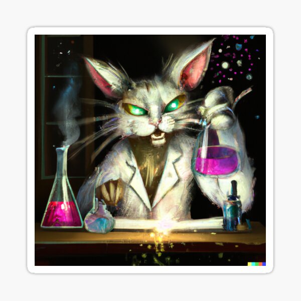 "Mad Scientist Cat Mixing Sparkling Chemicals" Sticker for Sale by ...