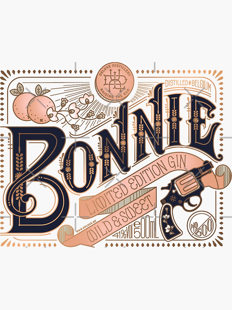 "Bonnie Gin Label Design by Pearly Yon for Deluxe Distillery" Sticker ...
