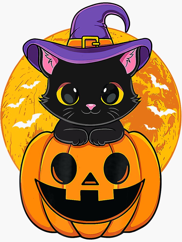 Cute Halloween Black Cat Witch Hat Pumpkin Sticker For Sale By