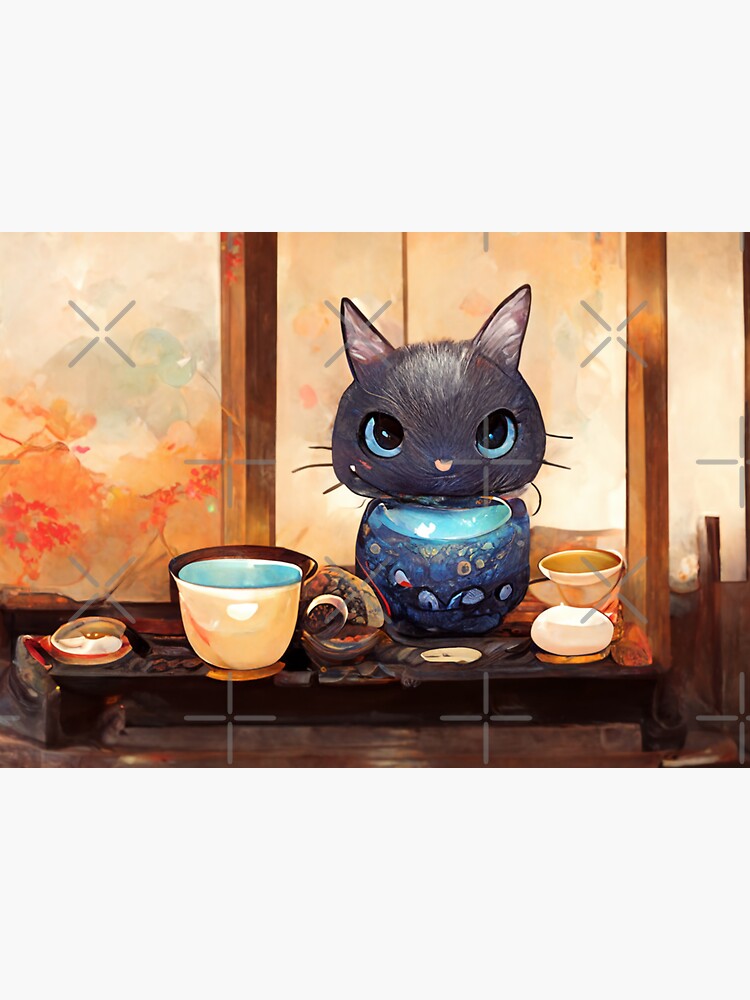 "Cute Anime Tea Lover Cat. Fantasy Cat Art" Sticker for Sale by ...