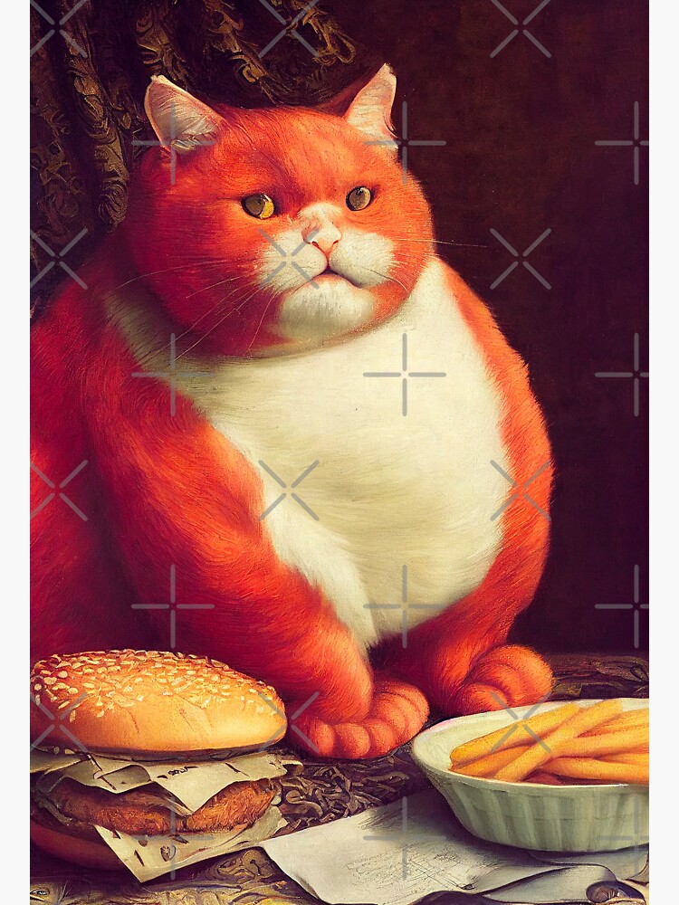 Pegatina «Gato rojo comiendo hamburguesa y papas fritas» de ...