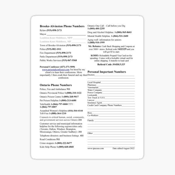 "Brooke Alvinston, Ontario. Canada Important Phone Numbers " Sticker ...