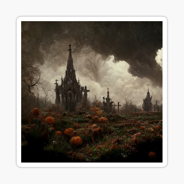 "Creepy Gothic Horror Pumpkin Shrine Abandoned Church Painting" Sticker ...