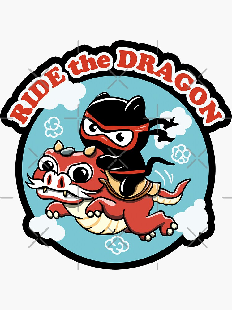 "Ride The Dragon | Kawaii Ninja Cat Riding A Red Dragon" Sticker for ...