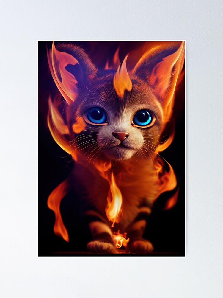 "Fire Kitten with Flame Fur and Blue Eyes" Poster for Sale by KMVisuals ...