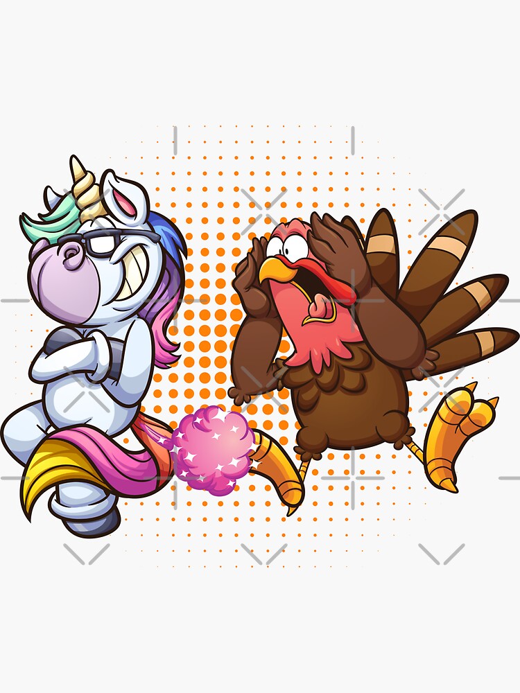 "Farting Magical unicorn and Shocked turkey thanksgiving day" Sticker ...