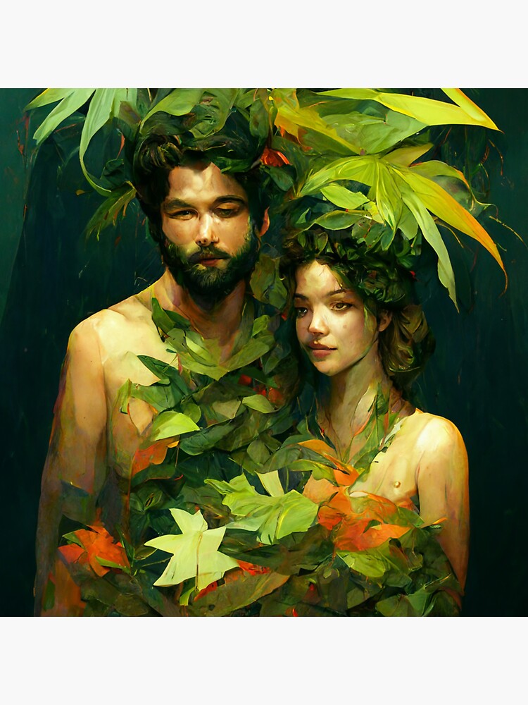 "Adam and eve in paradise only covered in leaves" Sticker for Sale by WeirdStation | Redbubble