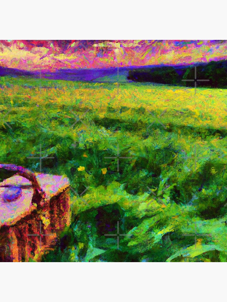 "a painting of a picnic basket in a field at sunrise in the style of ...