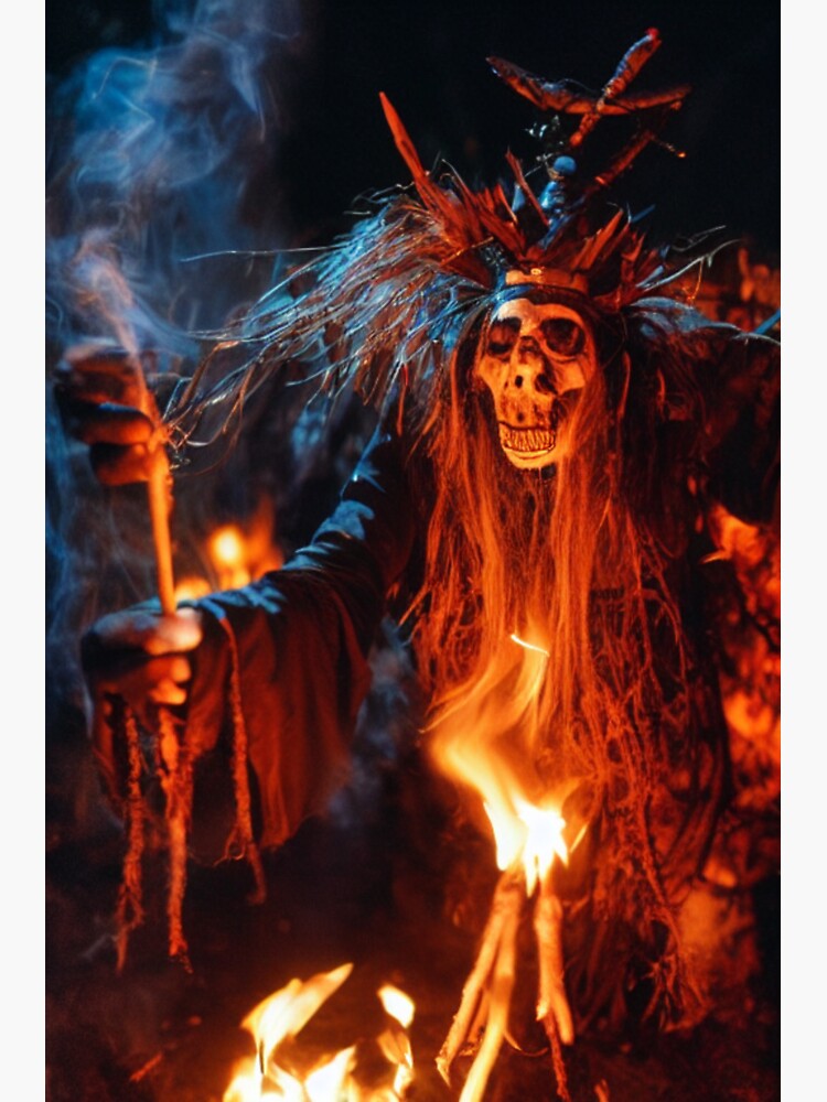 "Scary witch doctor performing a sinister ritual at a bonfire" Sticker ...