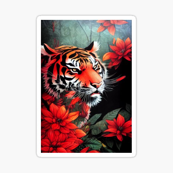 "Tiger in the rose jungle" Sticker for Sale by MAV-Arts | Redbubble