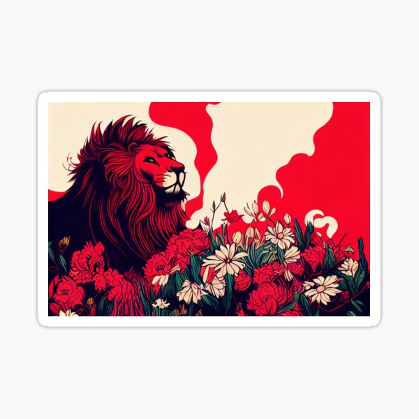 "Red lion in the field of flowers" Sticker for Sale by MAV-Arts | Redbubble