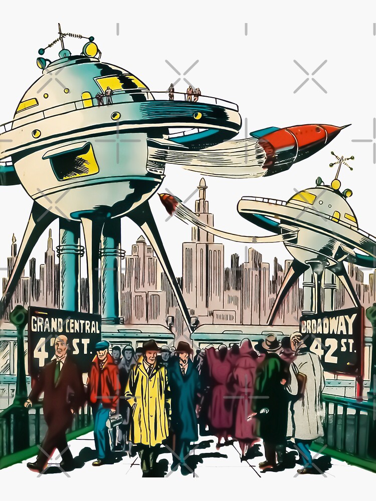 "City Futuristic Buildings Crowd Space Rockets Retro Comic Vintage Cartoon" Sticker by ...