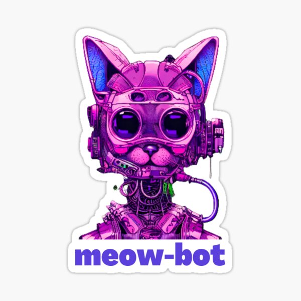 "Cute Robot Steampunk Cat in Bright Pink and Blue Caption" Sticker for ...