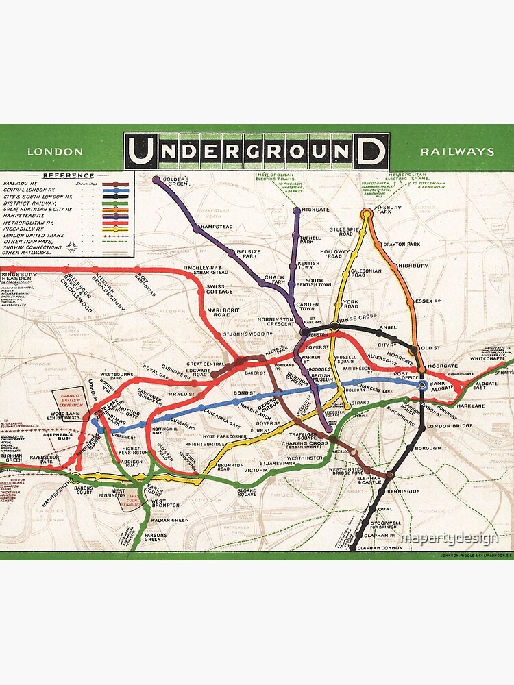 London - 1908 - 1st underground, tram, train and station map Tapestry ...