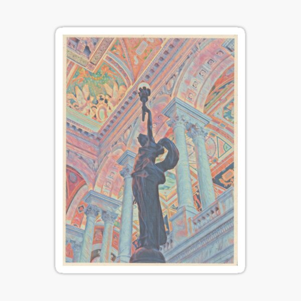 "Bronze statue in the Library of Congress Great Hall in muted pastels ...