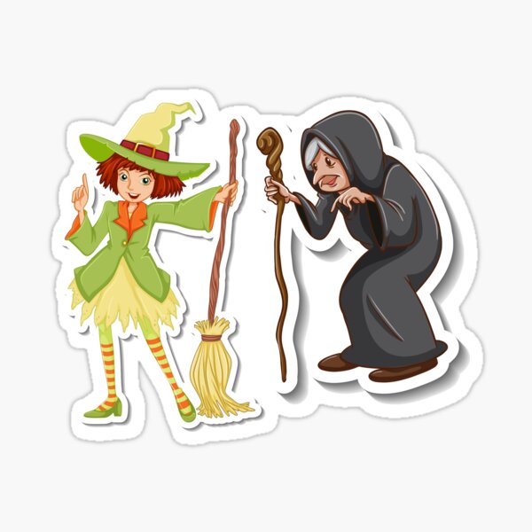 "old witch & young witch with broom sticker " Sticker for Sale by ...