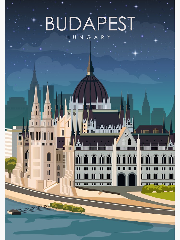 "Budapest Hungary Vintage Minimal Retro Travel Poster at Night" Sticker ...