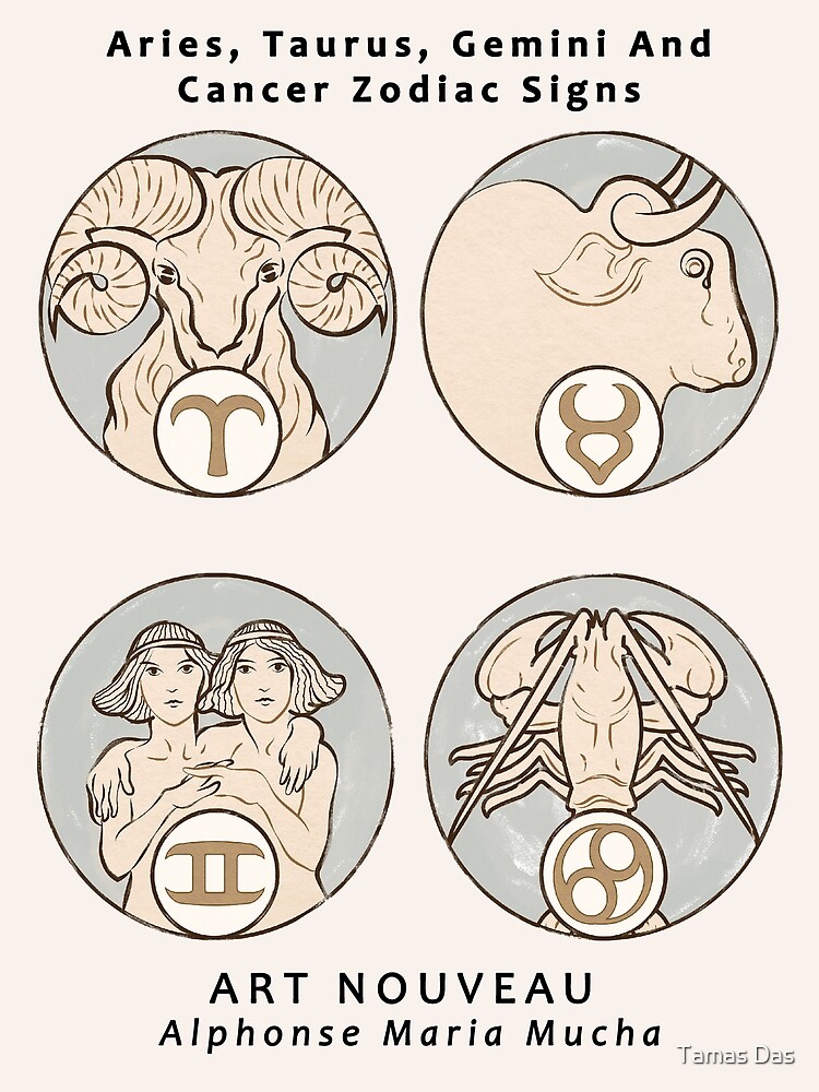Art nouveau Aries Taurus Gemini and Cancer Zodiac signs of Alphonse ...
