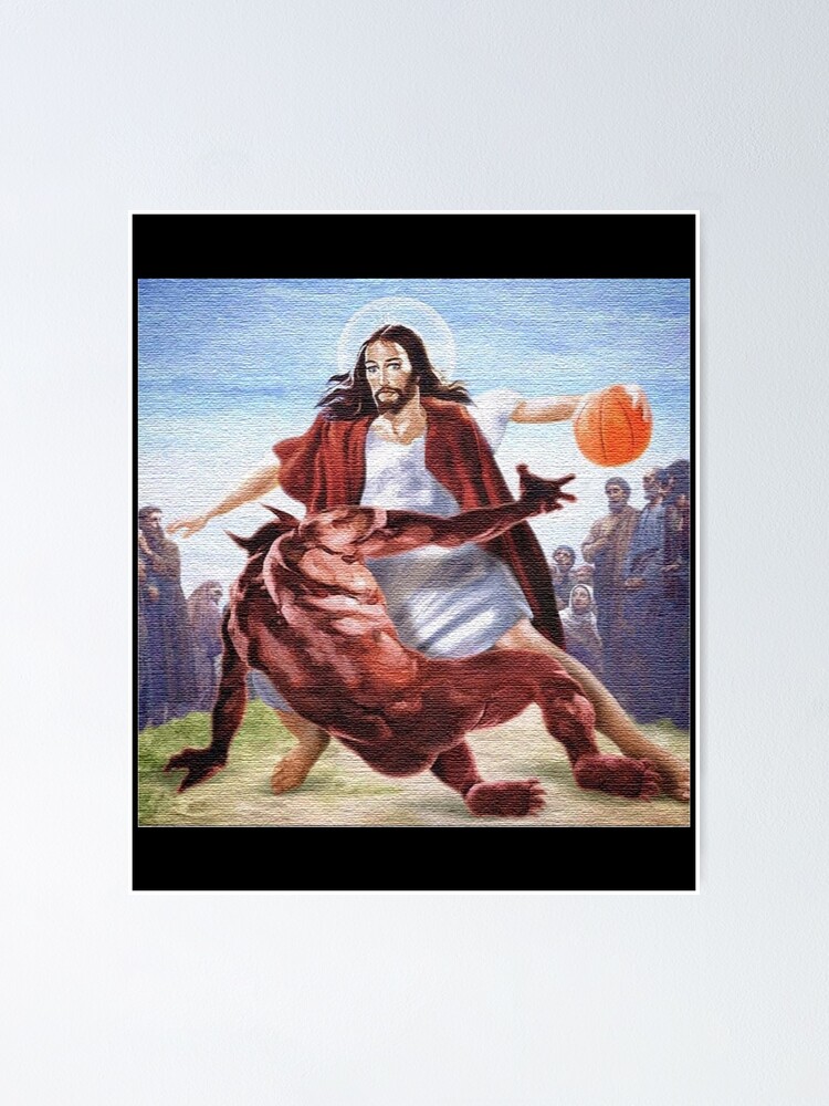 "Vintage Jesus Crossing The Devil Basketball Game Drawing Funny ...