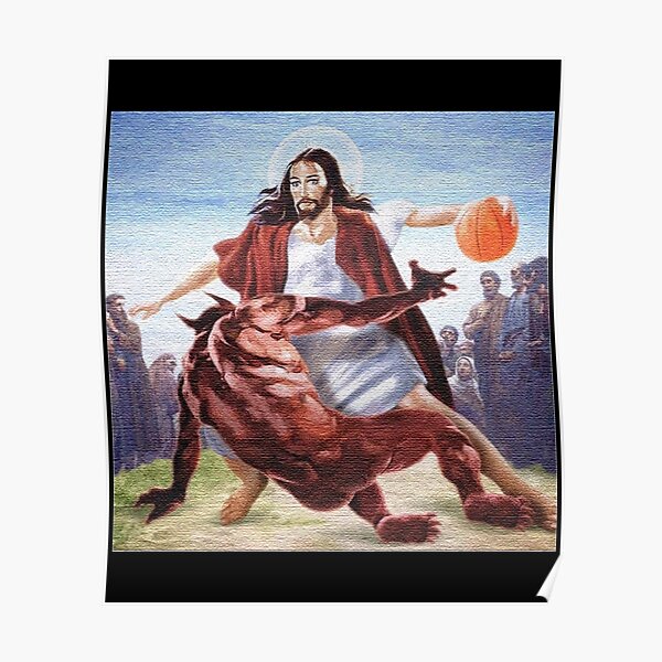"Vintage Jesus Crossing The Devil Basketball Game Drawing Funny ...
