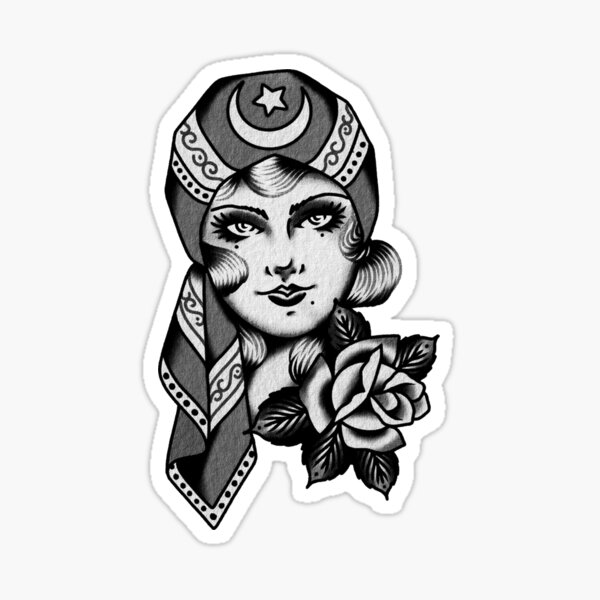 "Traditional Black and White Gypsy lady with Mandala Tattoo" Sticker ...