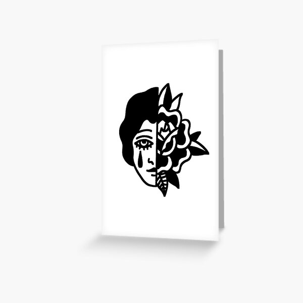 "Black and White Half Sad Lady Face and Rose Tattoo" Greeting Card for ...