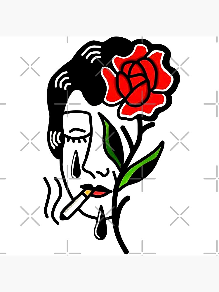 "Black and White Half Sad Lady Face and red Rose Tattoo" Poster for ...