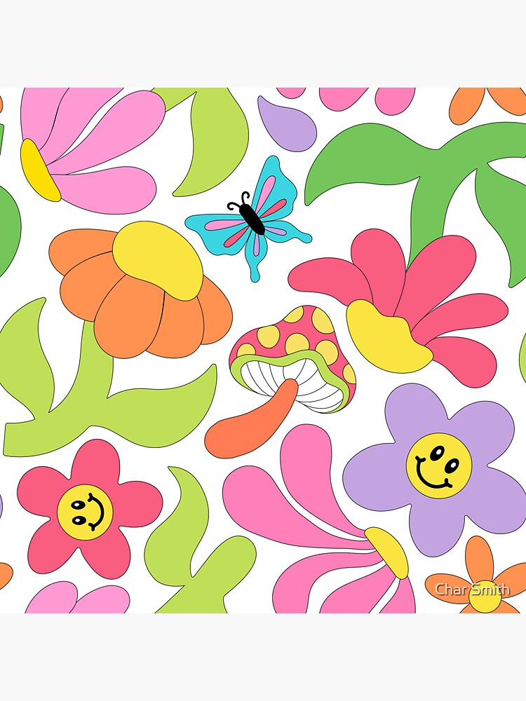"Groovy Flowers with Smiley Faces" Sticker for Sale by charsmith-art ...