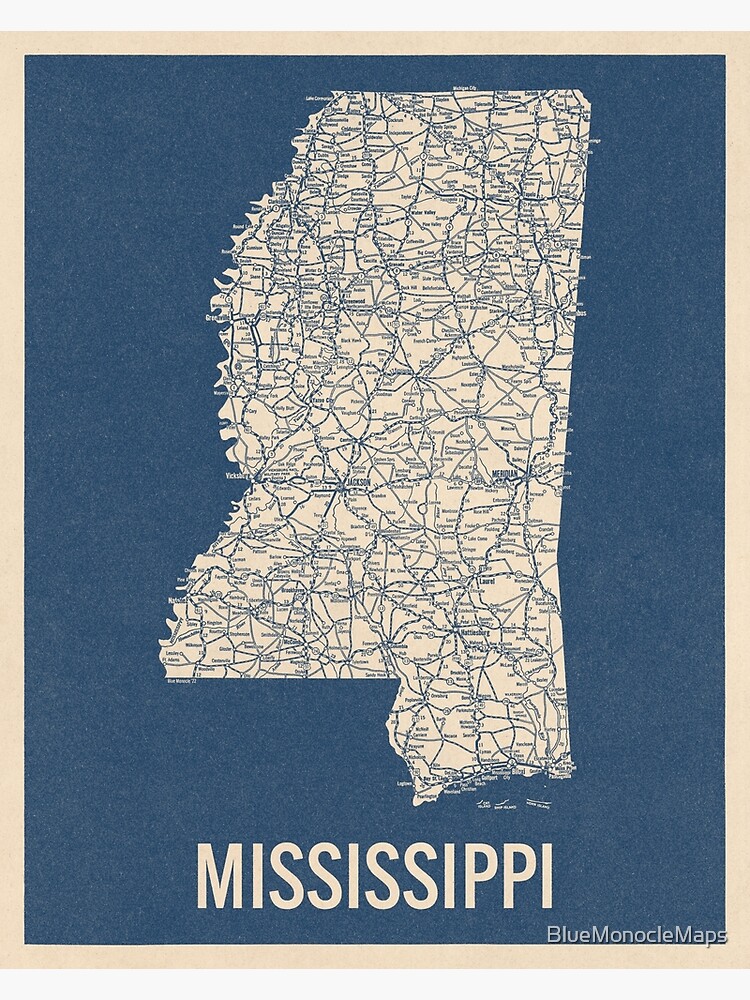 "Vintage Mississippi Road Map, Blue on Beige #2" Poster for Sale by ...