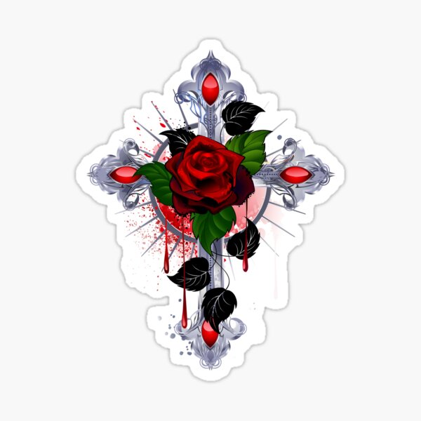 "Cross with a red rose" Sticker for Sale by Blackmoon9 | Redbubble