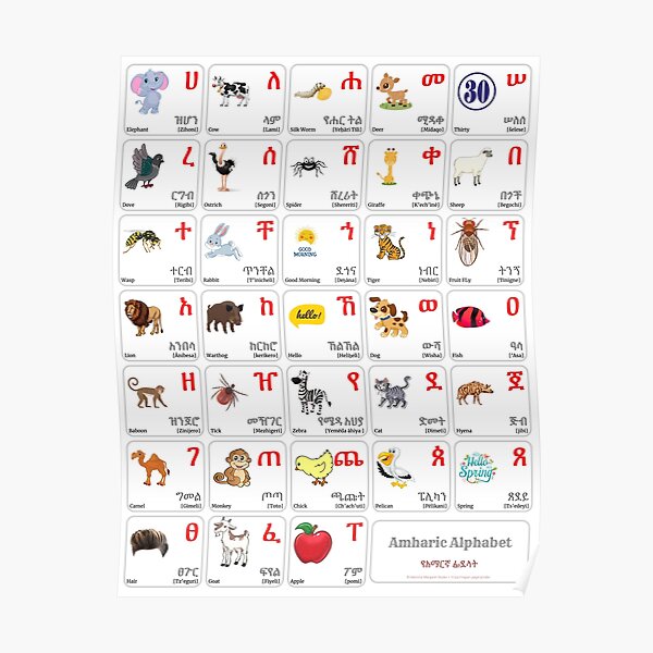 "AMHARIC Alphabet CHART with Words and English Translations Printable ...