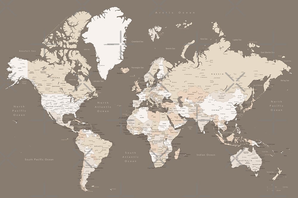 "Earth tones world map with cities" by blursbyai | Redbubble