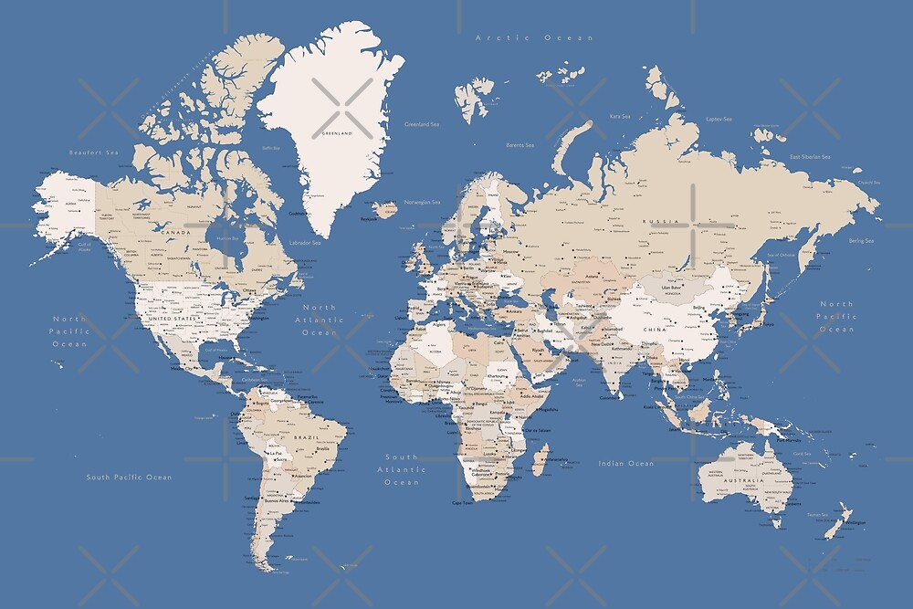 "Blue and brown detailed world map" by blursbyai | Redbubble