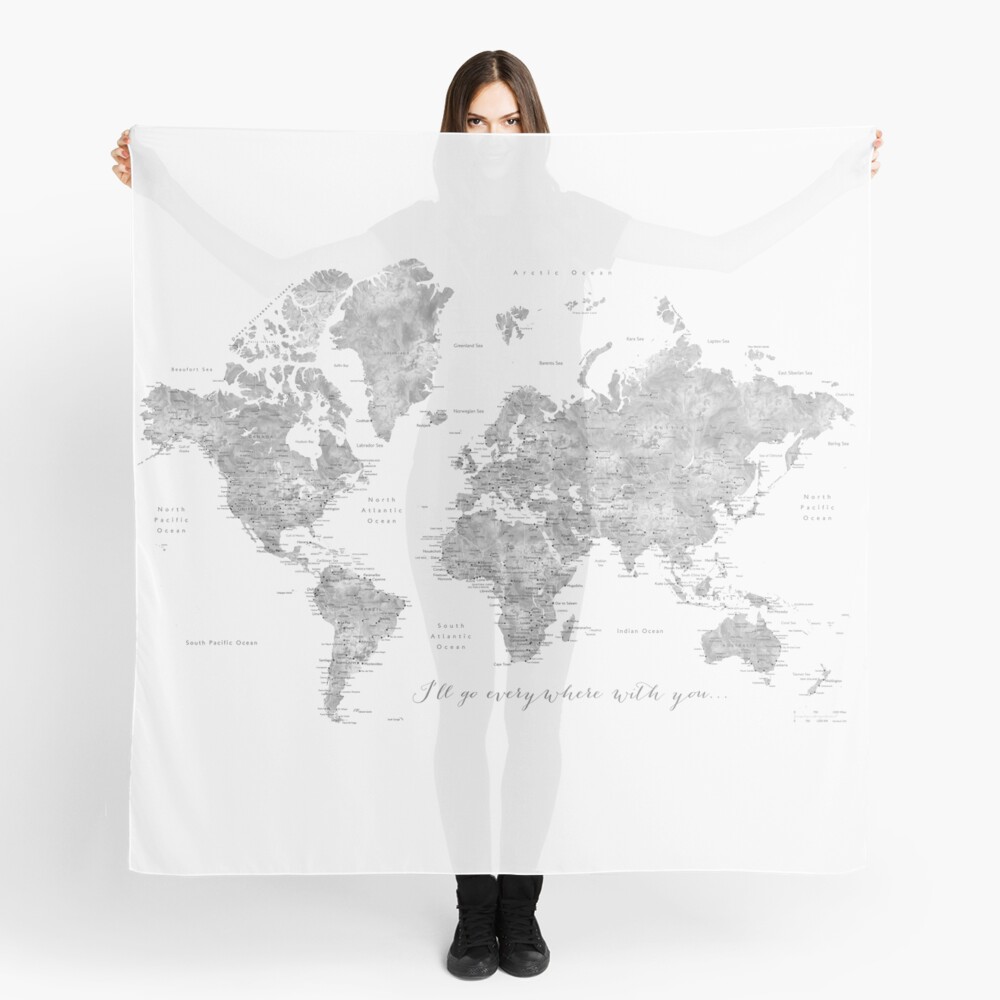 "Gray watercolor detailed world map "Everywhere with you"" Poster for ...