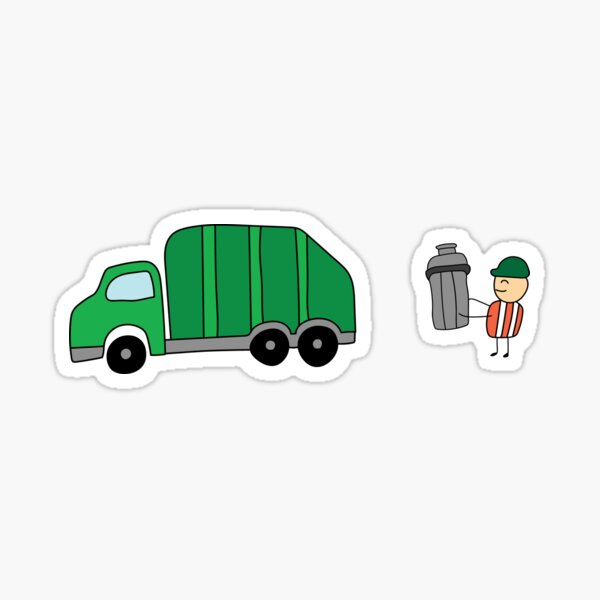 "funny garbage man holding trash bin with garbage truck" Sticker for ...