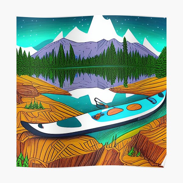 "Kayak Forest Lake and Mountains - Starry Sky Landscape" Poster for ...