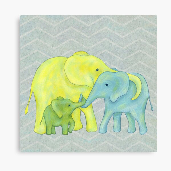 "Yellow, Blue and Green Elephant Family of Three" Canvas Print by ...