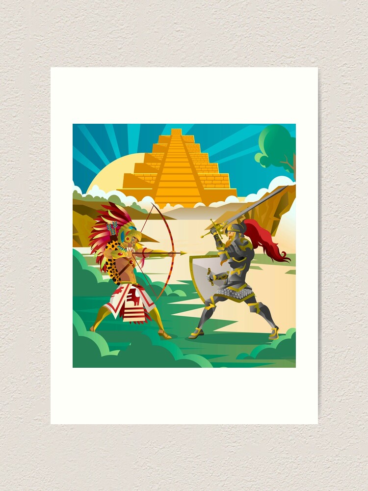 "european knight fighting an aztec warrior in the jungle" Art Print for ...