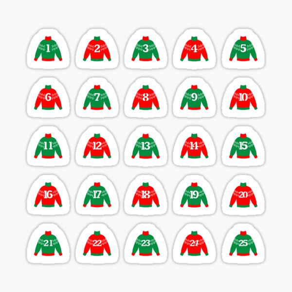 "Numbers 1-25 Advent Stickers in Red and Green Sweater Shapes" Sticker ...