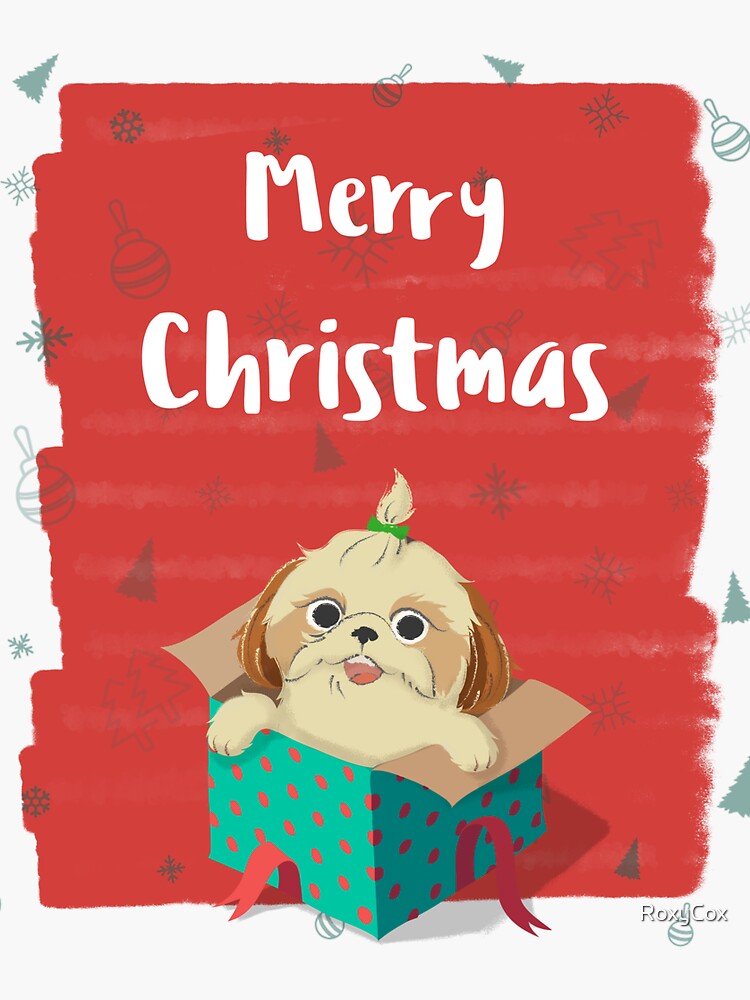 "Merry Christmas and X-Mas puppy on a Gift box design " Sticker for ...