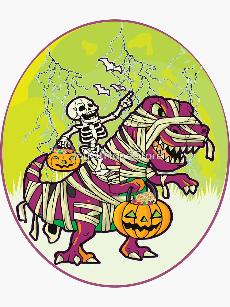 "Skeleton Riding T-Rex Dinosaur in a Mummy Costume Trick or Treating on ...