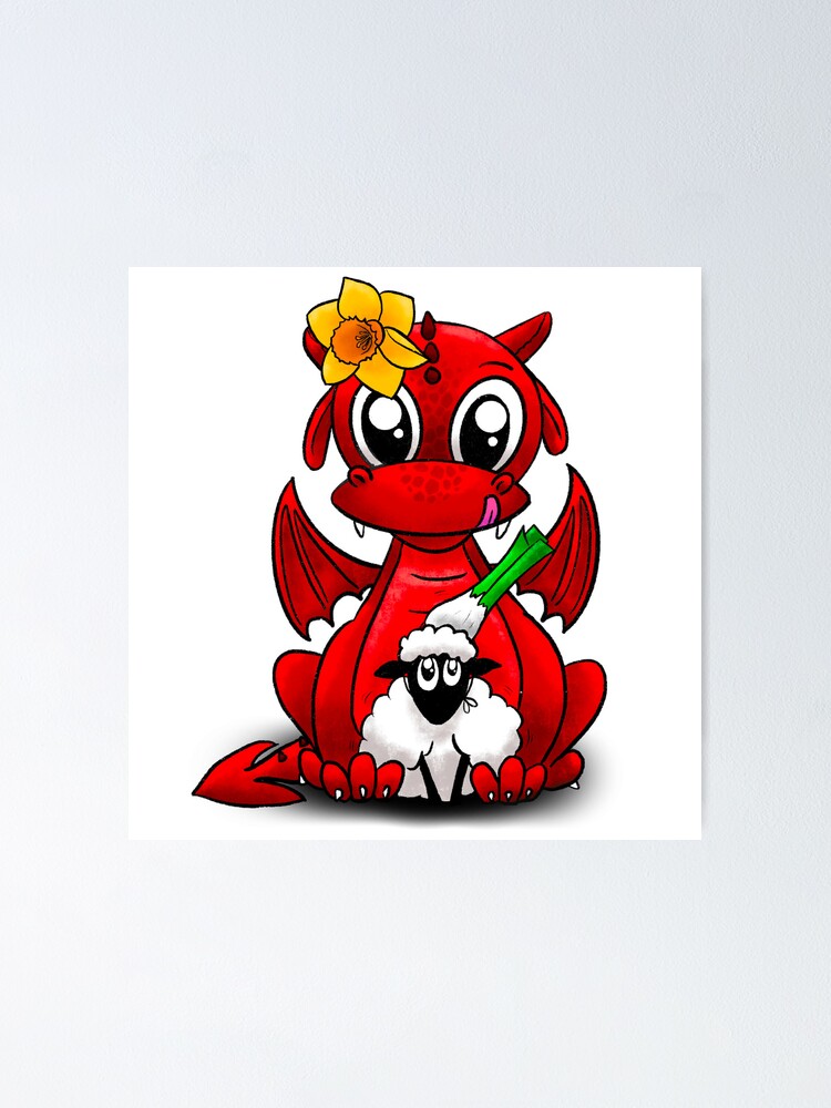 "Cute Cartoon Welsh Dragon with Sheep & Daffodil & Leek Digital Art ...