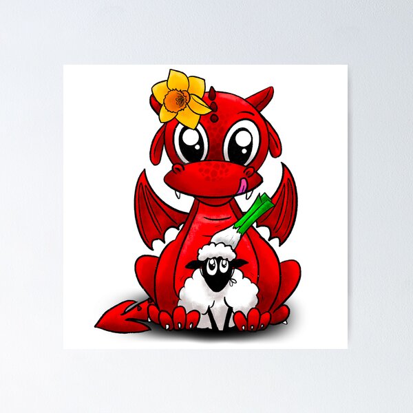 "Cute Cartoon Welsh Dragon with Sheep & Daffodil & Leek Digital Art ...