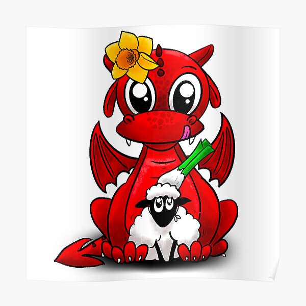 "Cute Cartoon Welsh Dragon with Sheep & Daffodil & Leek Digital Art ...
